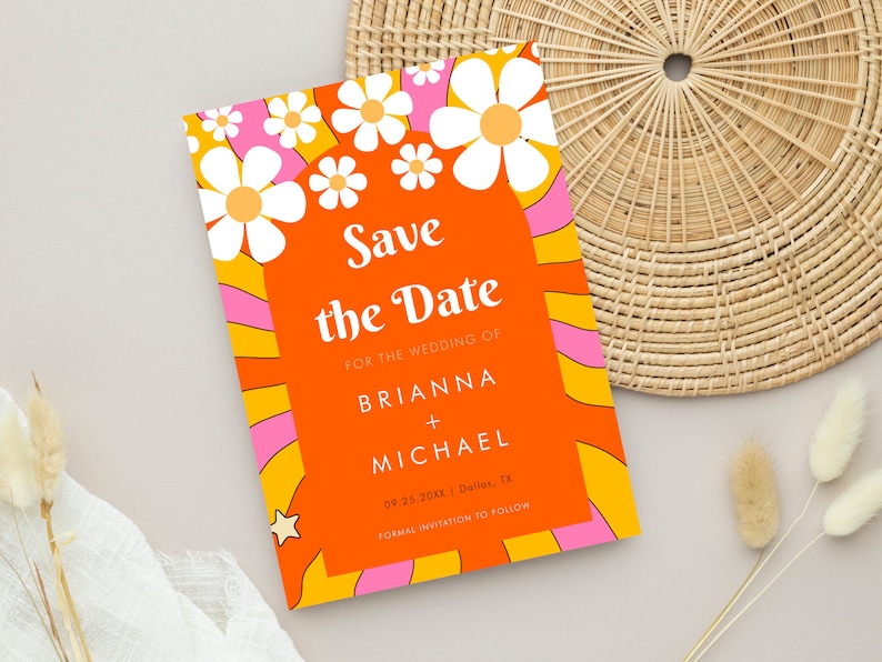 Editable Groovy Orange Save the Date Invite DIY Daisy Floral Wedding ...