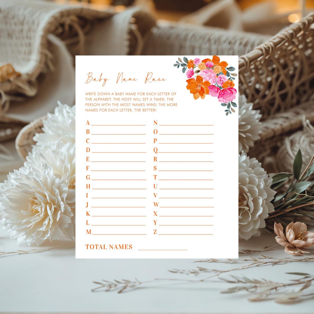 Digital Pink Orange Baby Name Race Game - White Floral Blooming Garden ...