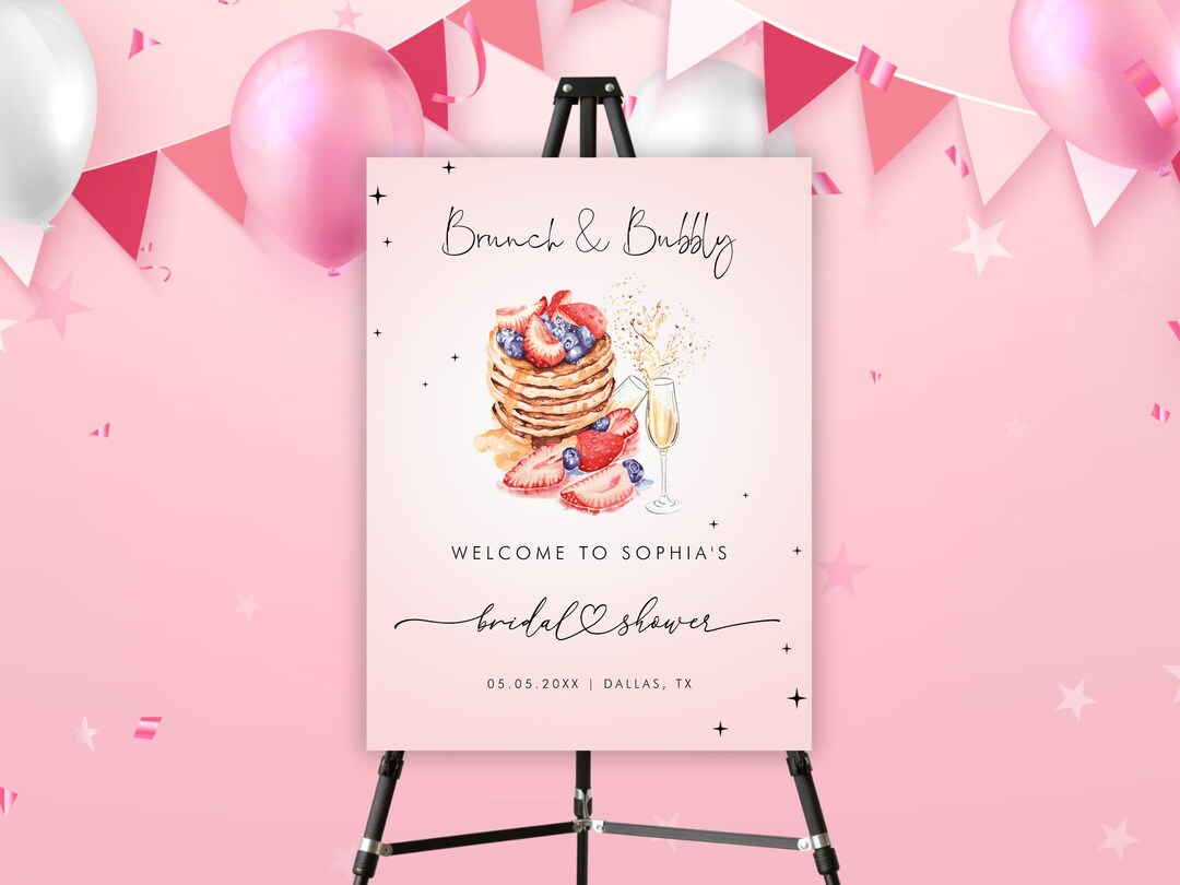 Pancakes Brunch Welcome Bridal Shower Sign, Digital Bubbly Pink Wedding ...