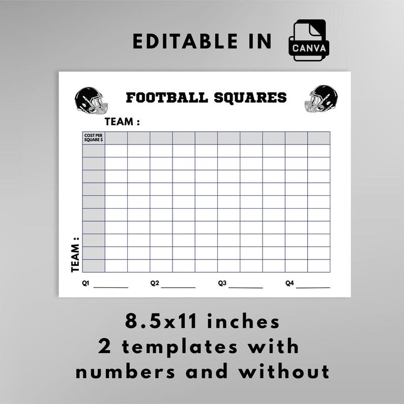 Football Squares Template Printable, NFL Squares Game 100 Box Grid ...