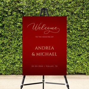 Editable Dark Red Gold Wedding Sign Digital Dark Red Wine Wedding ...