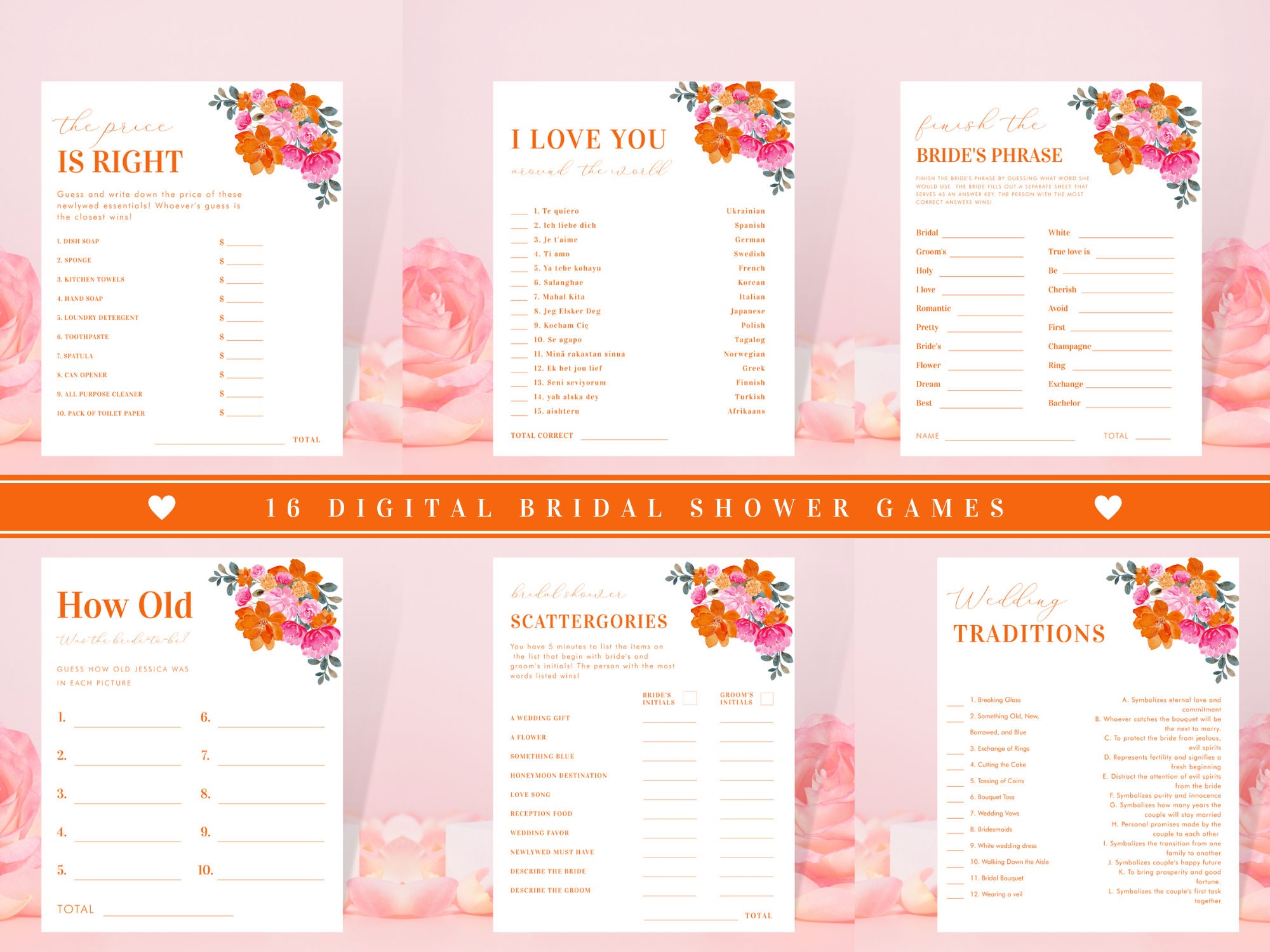 Pink Orange Bridal Shower Games Bundle - Digital Floral 16 Bridal ...