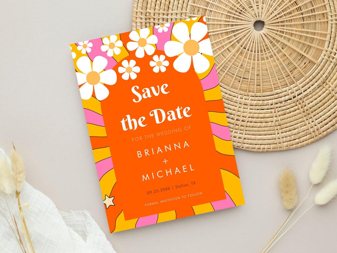 Editable Groovy Orange Save the Date Invite - DIY Daisy Floral Wedding ...