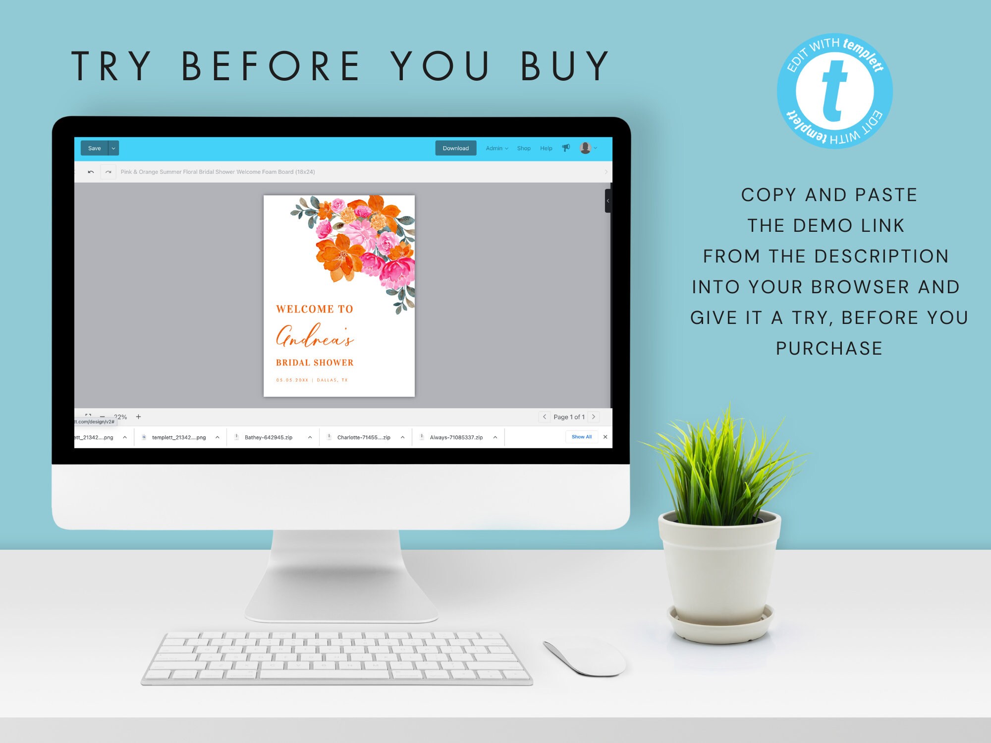 Pink & Orange Summer Floral Bridal Shower Digital Welcome DIY Sign ...