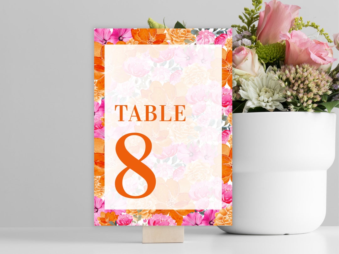 Light Faded Pink Orange Wedding Table Number, Floral Summer Bloom Black ...