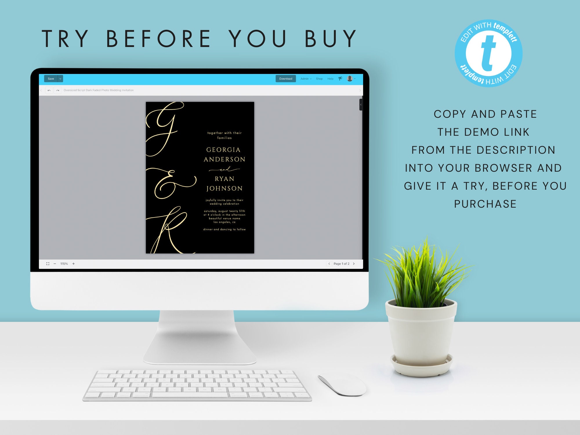 Editable Gold Black Wedding Invitation Digital Dark Faded Photo Wedding Invite DIY Oversized ...