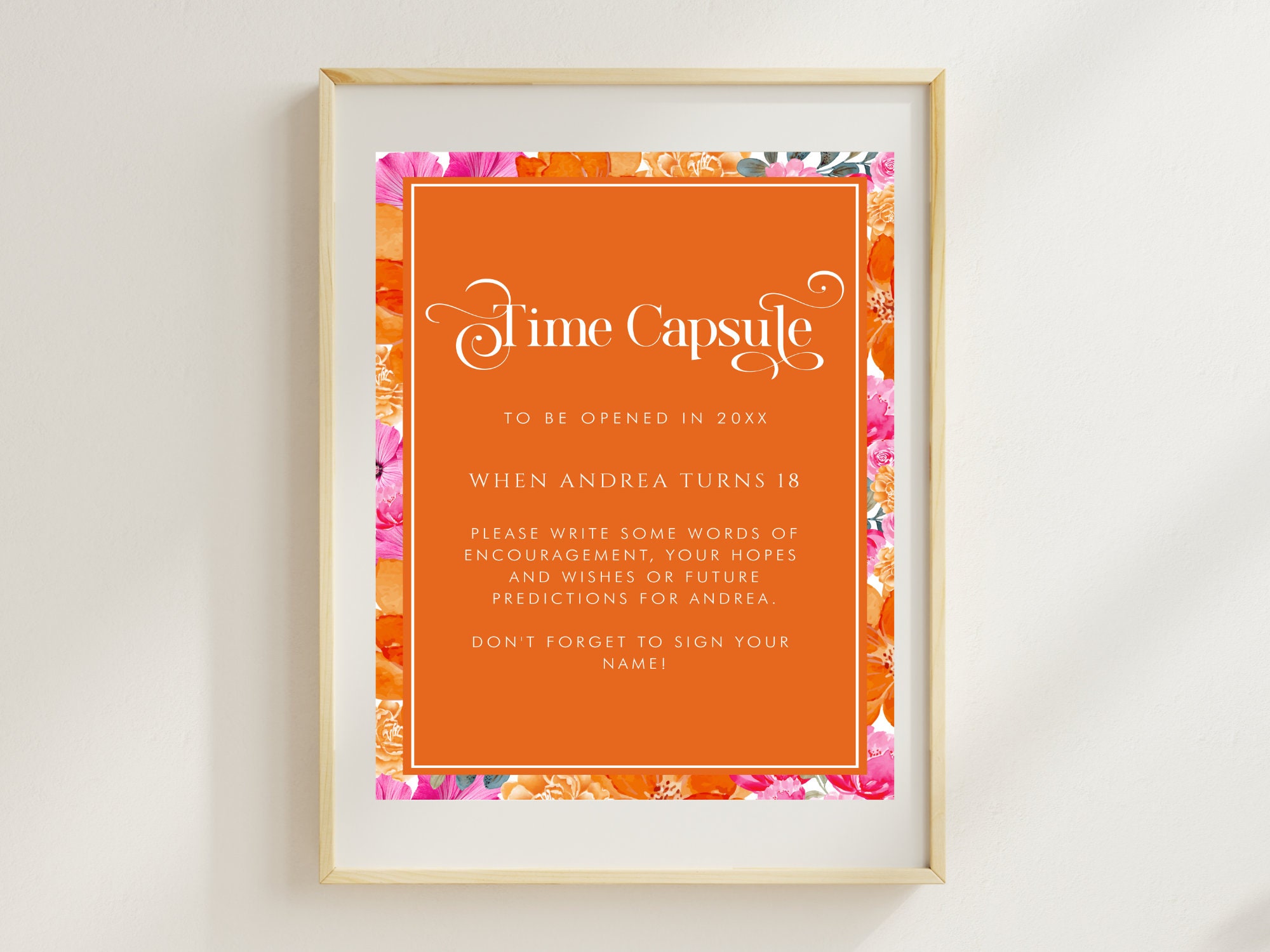 Editable Pink & Orange Baby Shower Time Capsule Poster Digital Floral ...