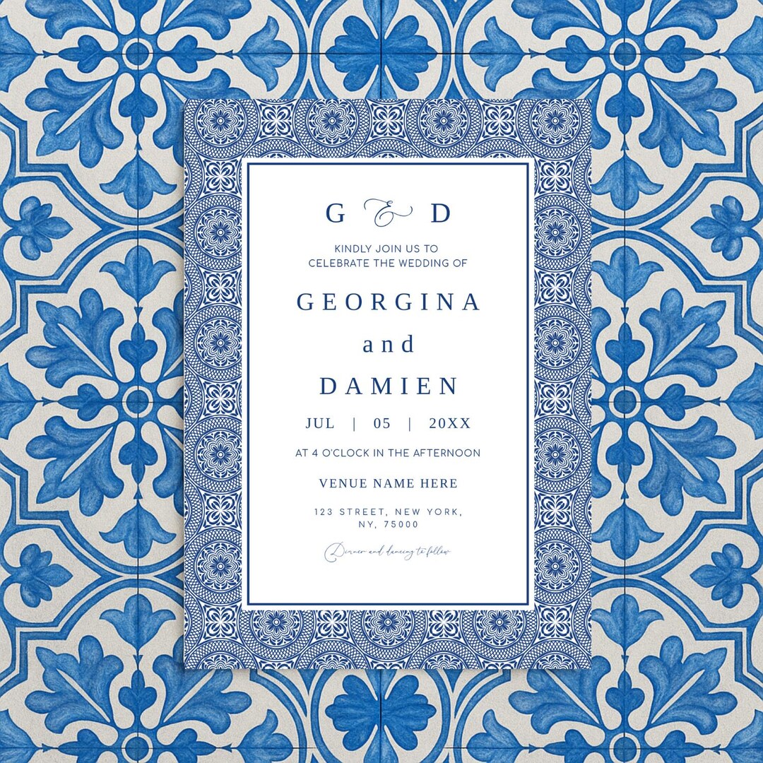 Mediterranean Wedding Invitation - Blue Tile Italian Wedding Custom ...