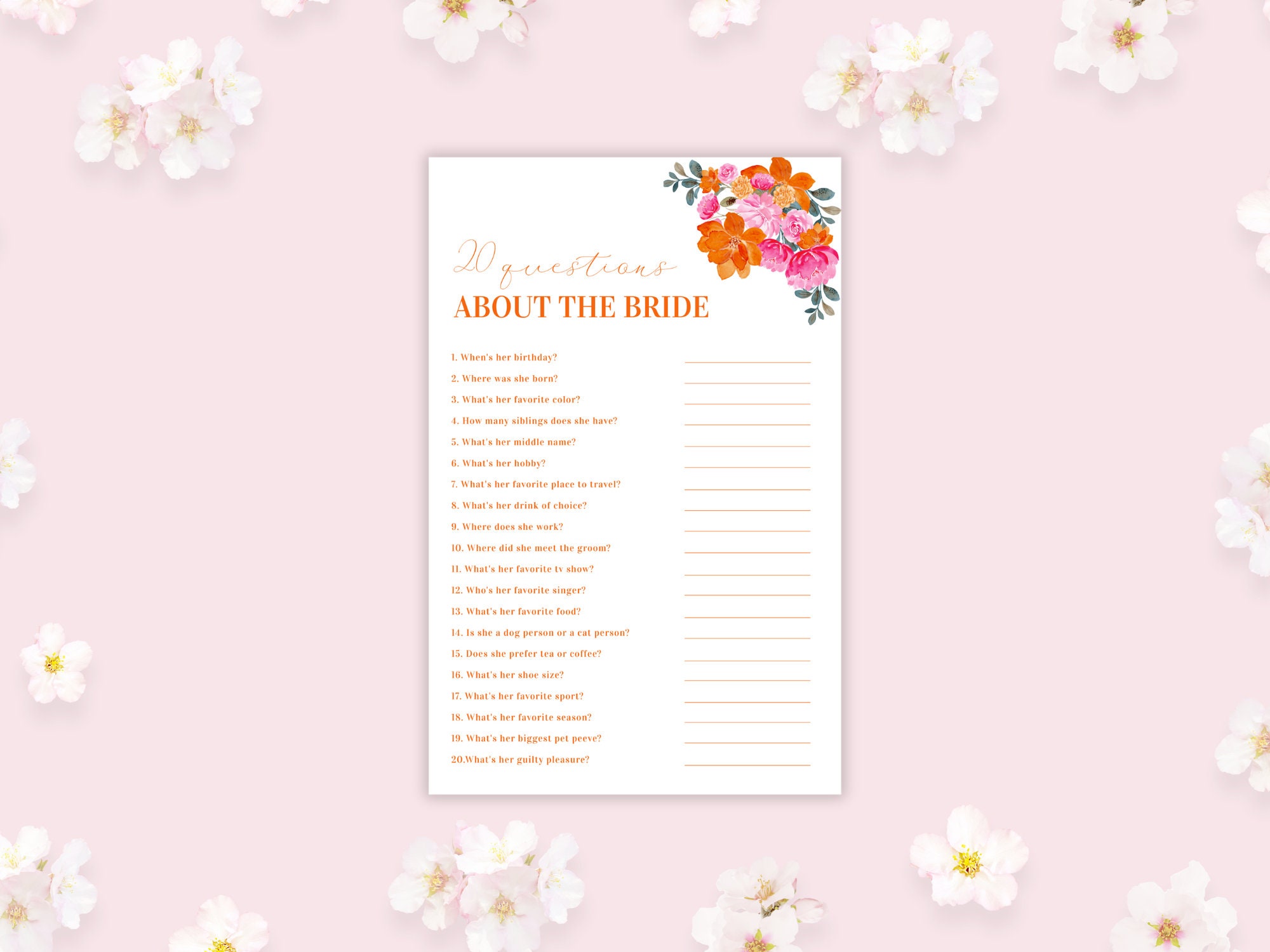 Pink Orange Bridal Shower Games Bundle Digital Floral 16 Bridal Shower ...
