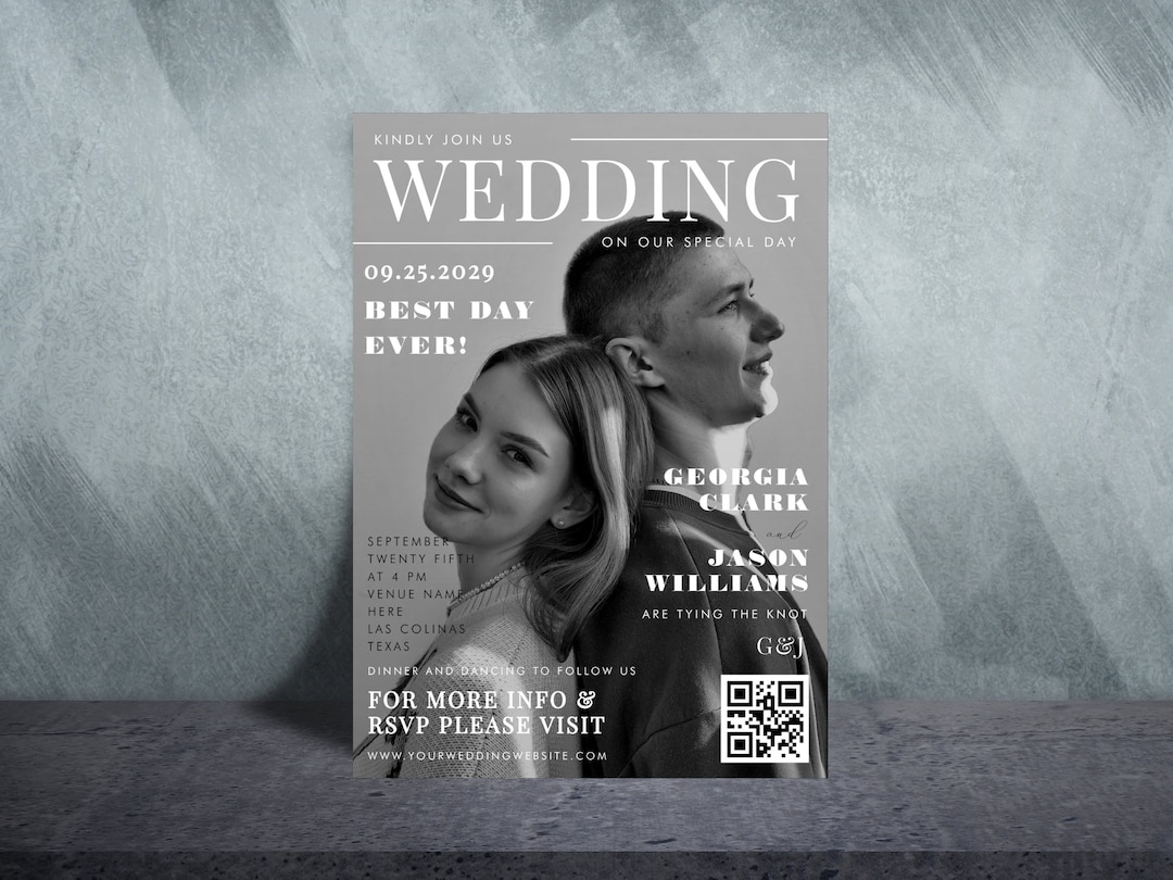 Digital Black & White Magazine Cover Wedding Invitation - DIY Unique ...