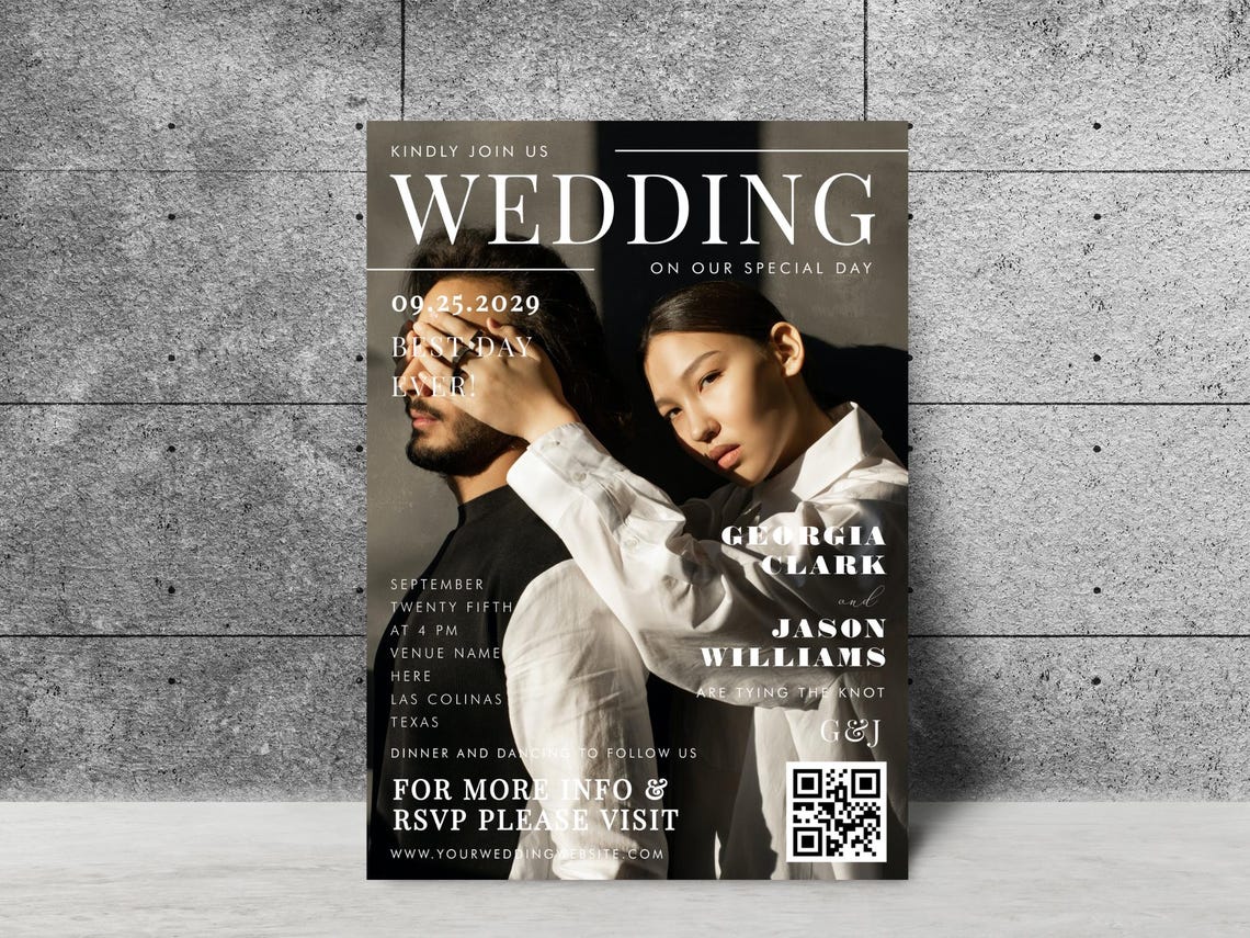Magazine Cover Unique Wedding Invitation Your Custom Photo QR Code RSVP ...