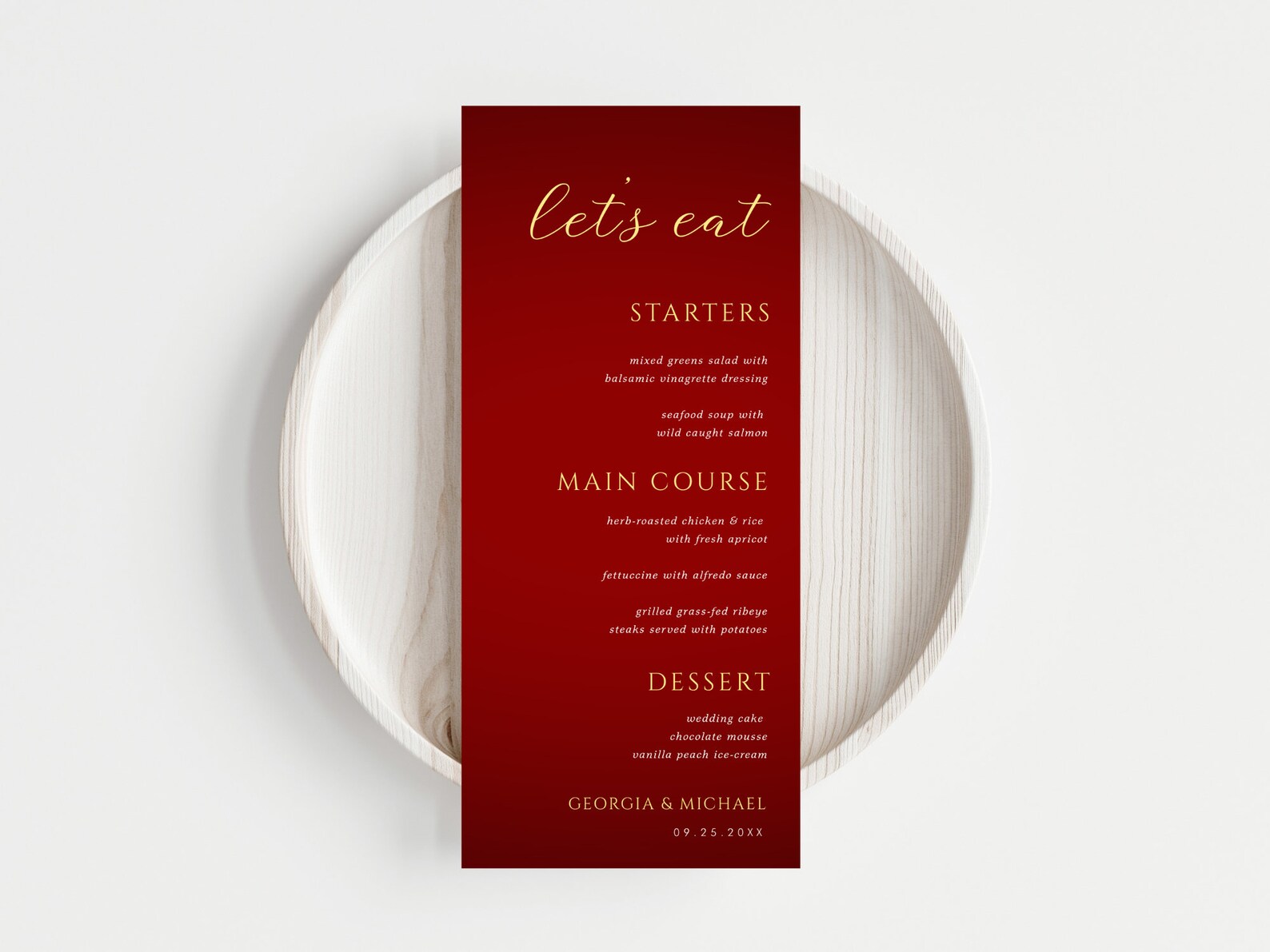 Editable Let's Eat Red & Gold Wedding Menu - Digital Minimalist ...