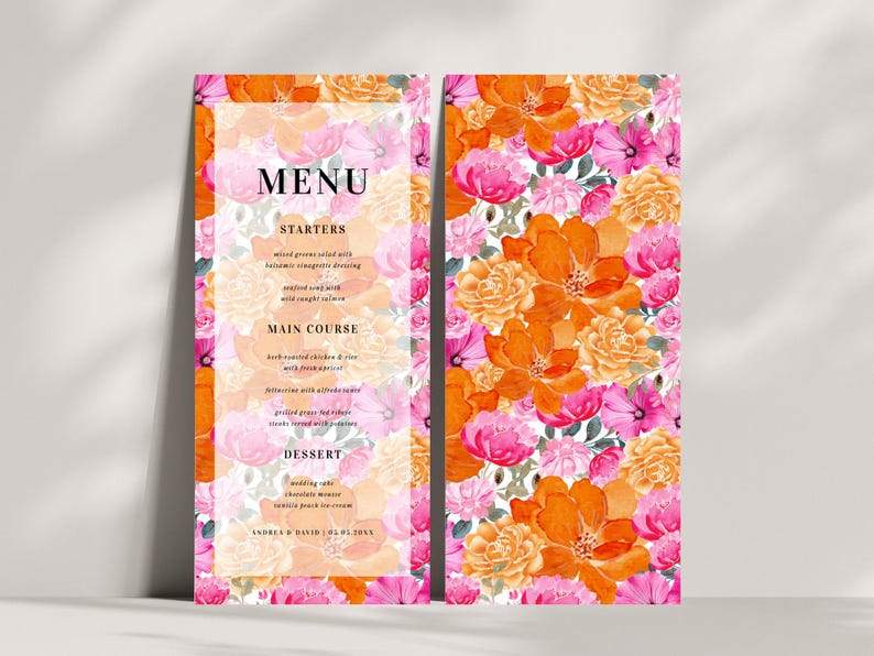 DIY Light Faded Pink Orange Wedding Menu - Digital Fresh Bright Garden ...