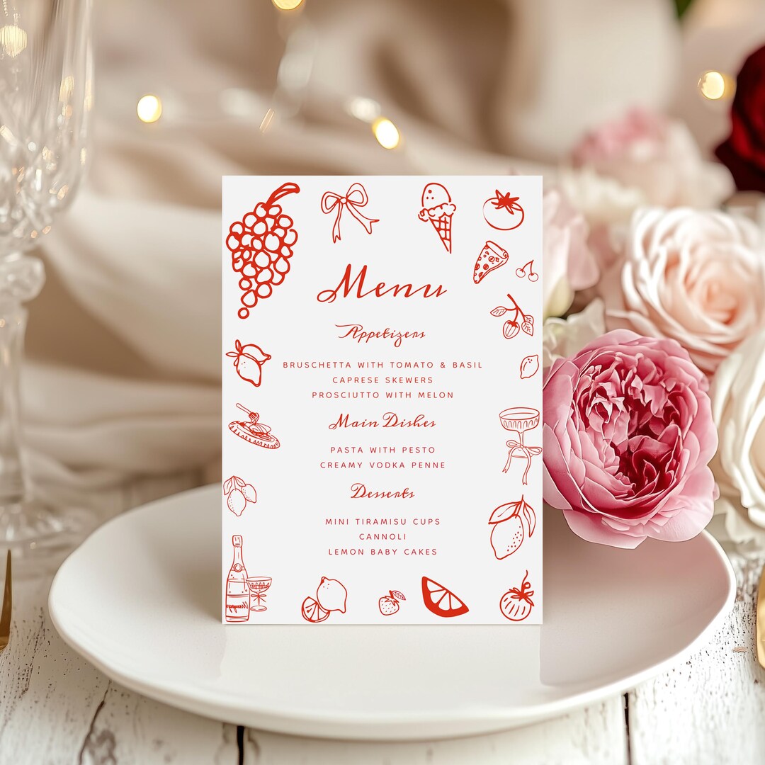 Italian Menu Template: Amalfi Coast, Birthday, Wedding, Bridal Shower ...