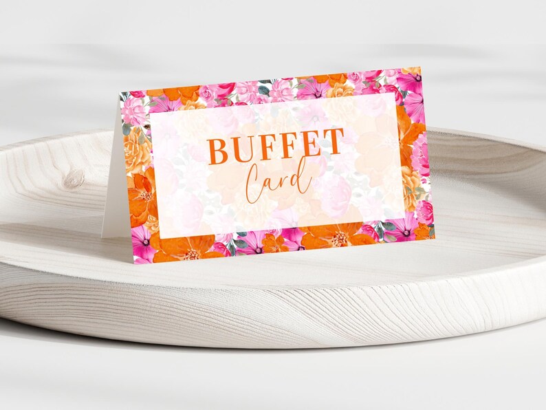 Light Faded Pink Orange Buffet Card - Floral Black Buffet Card Template ...