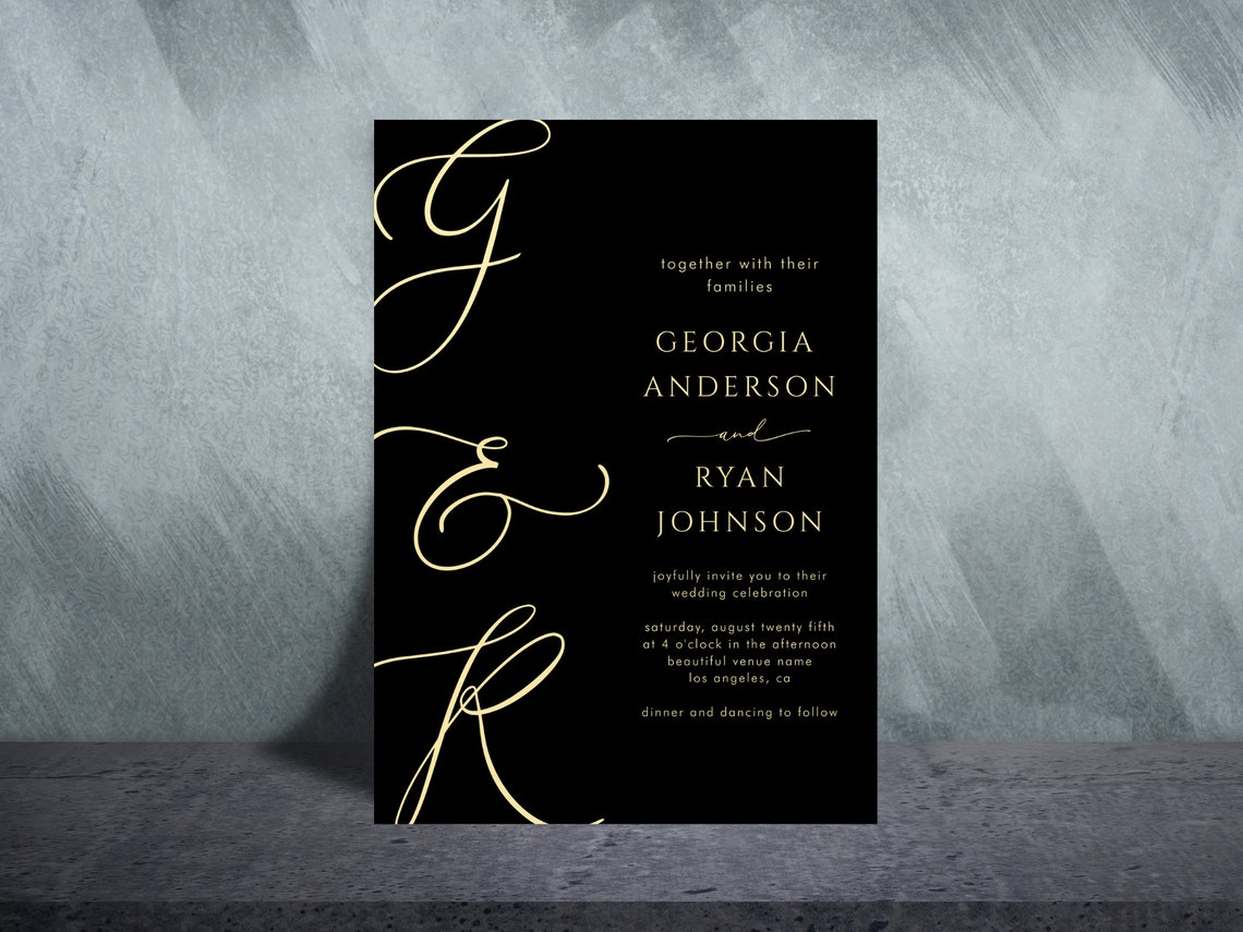 Editable Gold Black Wedding Invitation Digital Dark Faded Photo Wedding Invite DIY Oversized ...