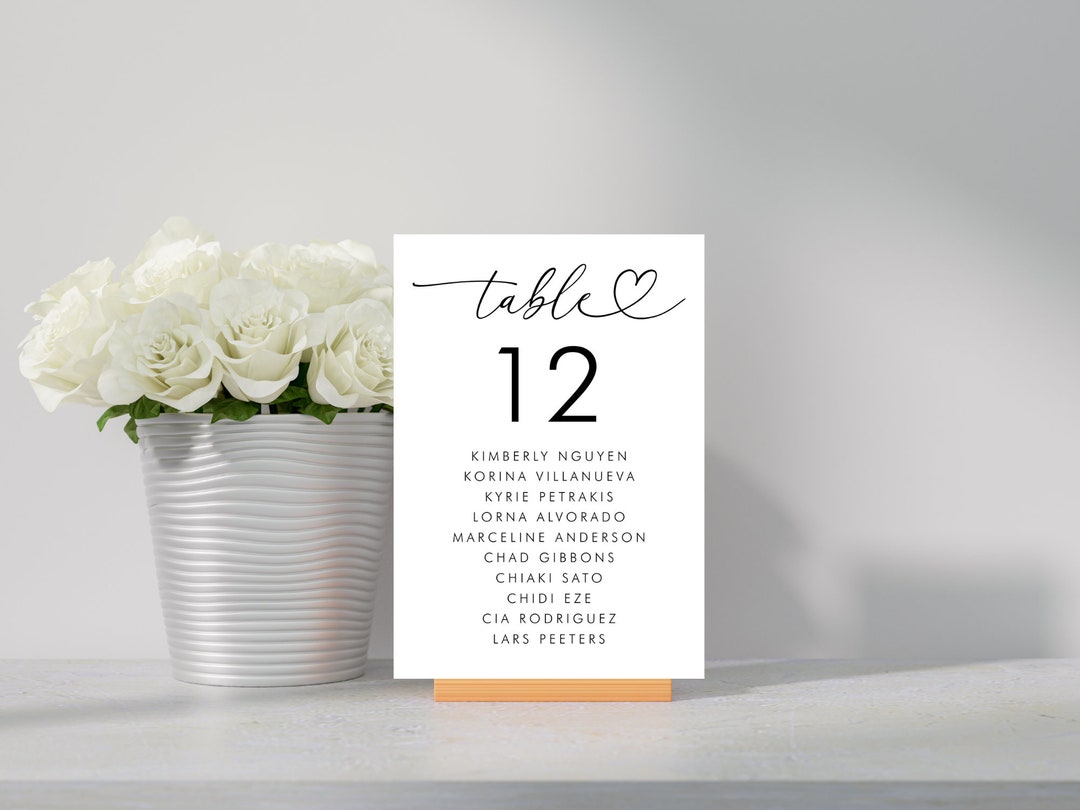 Editable Names Seating Chart Wedding Table Number Digital Heart Script Wedding Table Number Sign ...