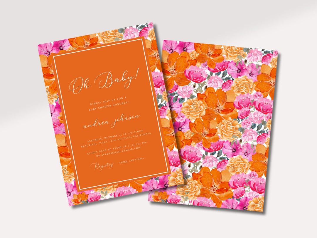 Oh Baby Pink Orange Baby Shower Invitation Digital Vibrant Floral Baby ...