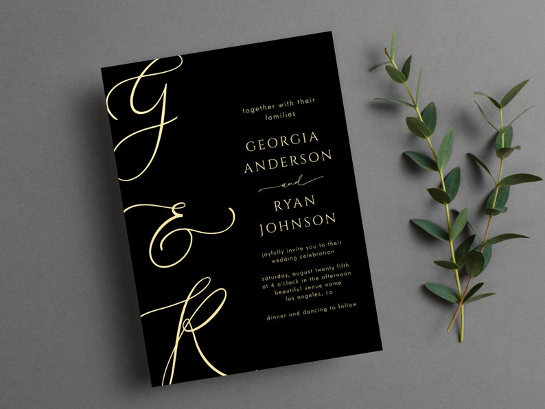 Editable Gold Black Wedding Invitation Digital Dark Faded Photo Wedding ...