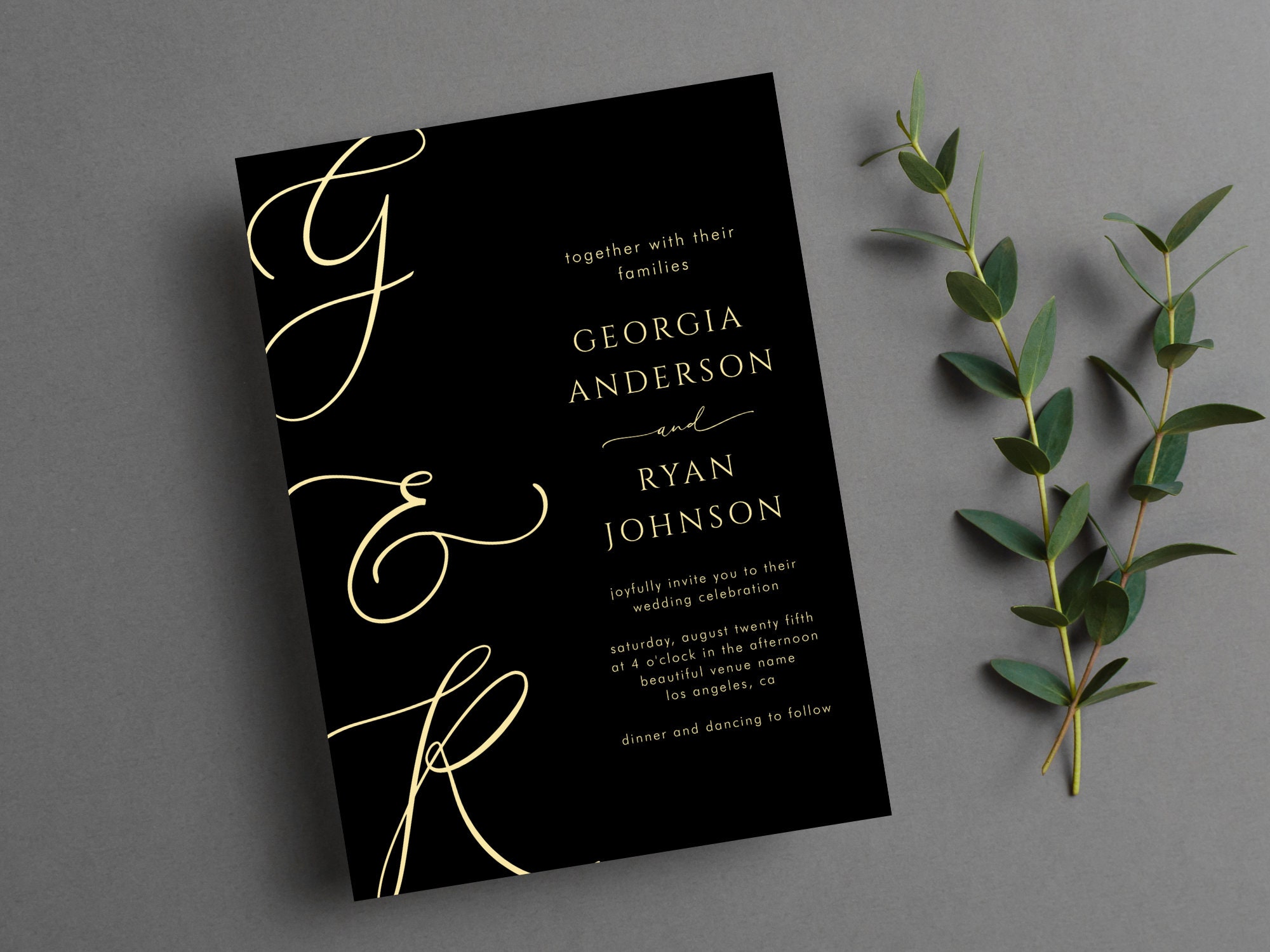 Editable Gold Black Wedding Invitation Digital Dark Faded Photo Wedding ...