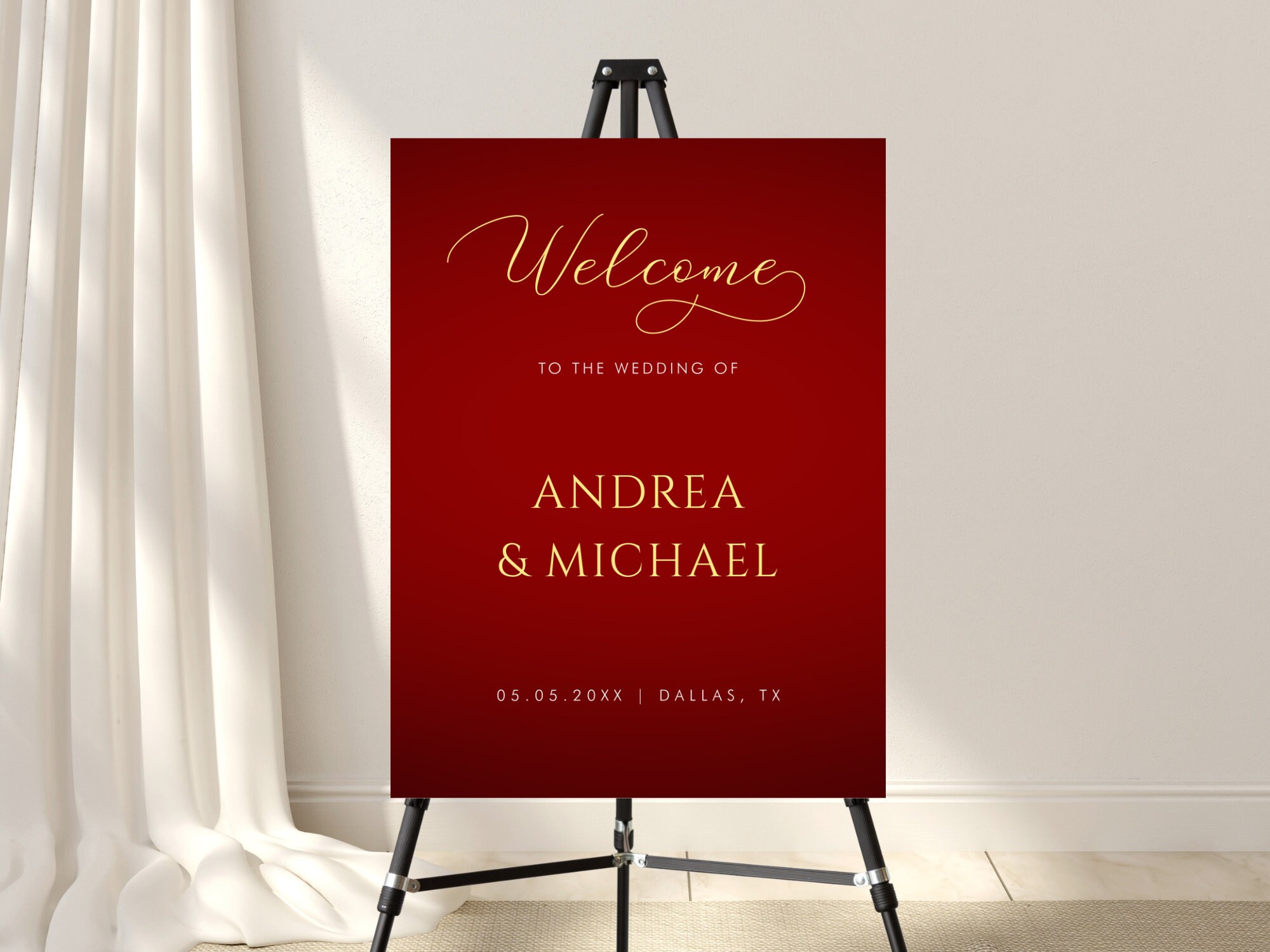 Editable Dark Red Gold Wedding Sign Digital Dark Red Wine Wedding ...