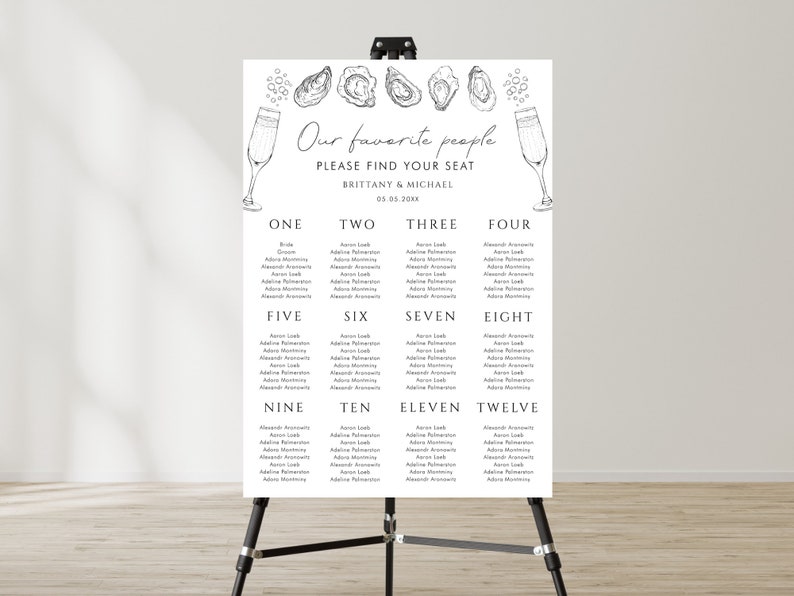 Digital Oysters Champagne 12 Tables Wedding Seating Chart Sign - DIY ...