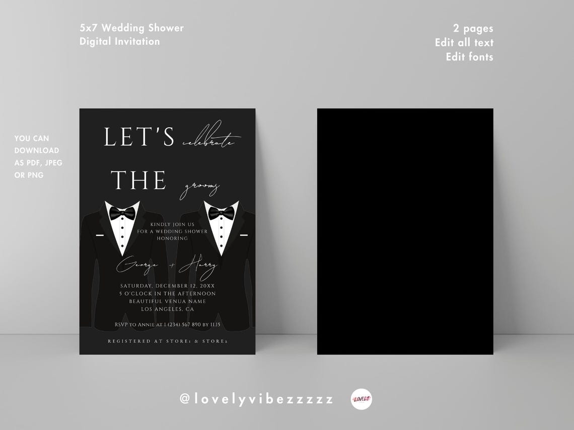 Two Grooms Wedding Shower Invitation: LGBTQ Tuxedos, Editable Printable ...