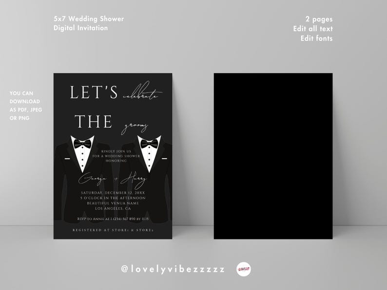 Two Grooms Wedding Shower Invitation: LGBTQ Tuxedos, Editable Printable ...