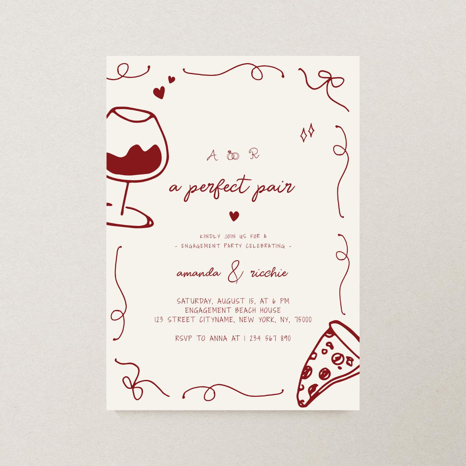 French Hand-drawn Engagement Party Invitation: Wine & Pizza (digital ...