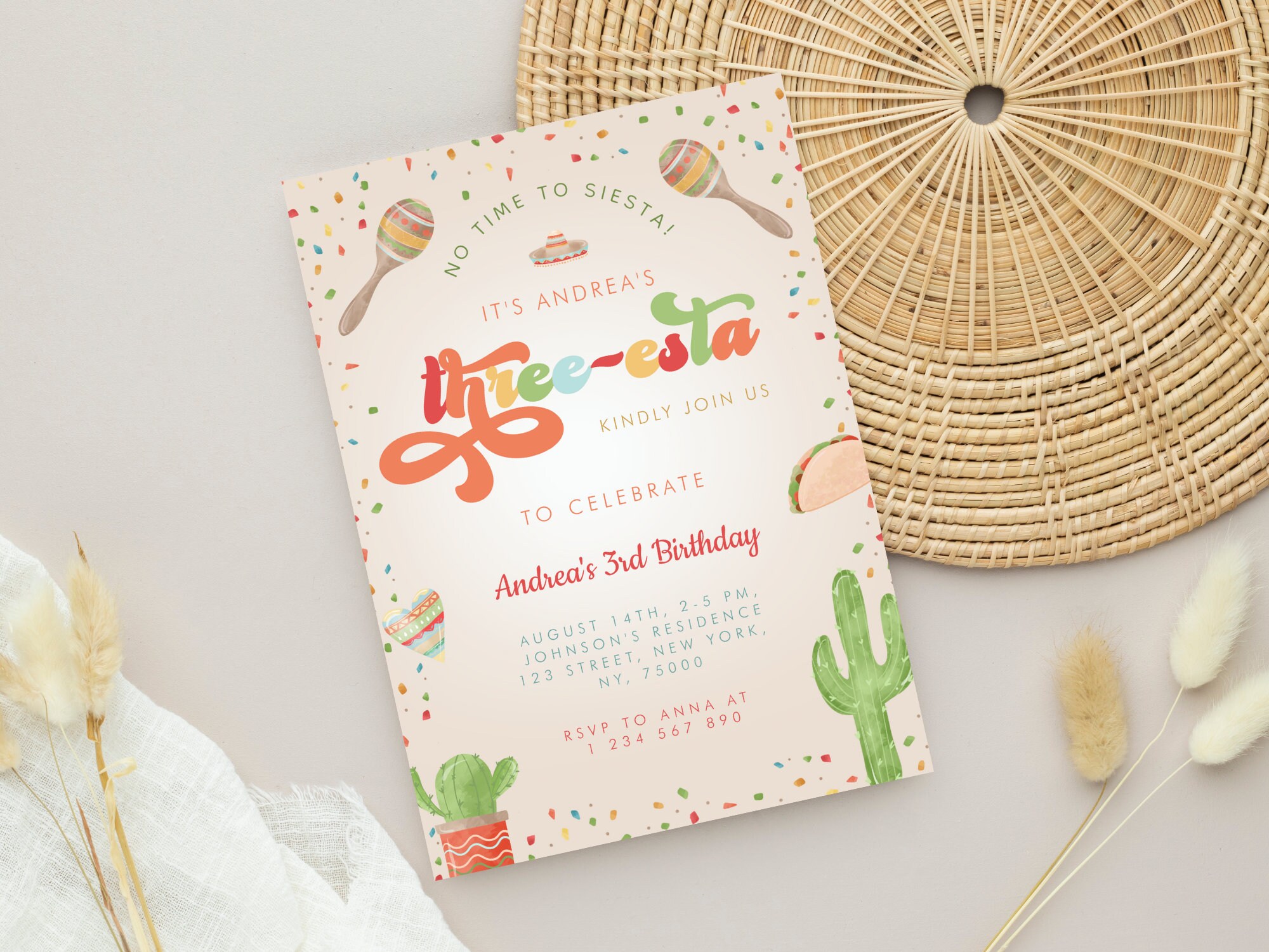 Colorful Groovy Fiesta 3rd Birthday Gender Neutral Invitation Fiesta ...