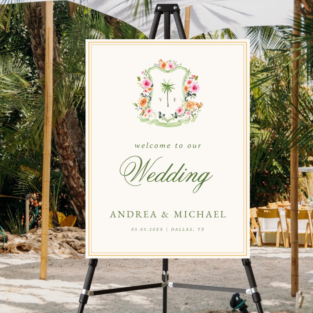 Palm Tree Monogram Crest Wedding Welcome Sign – Tropical Ocean Bach ...