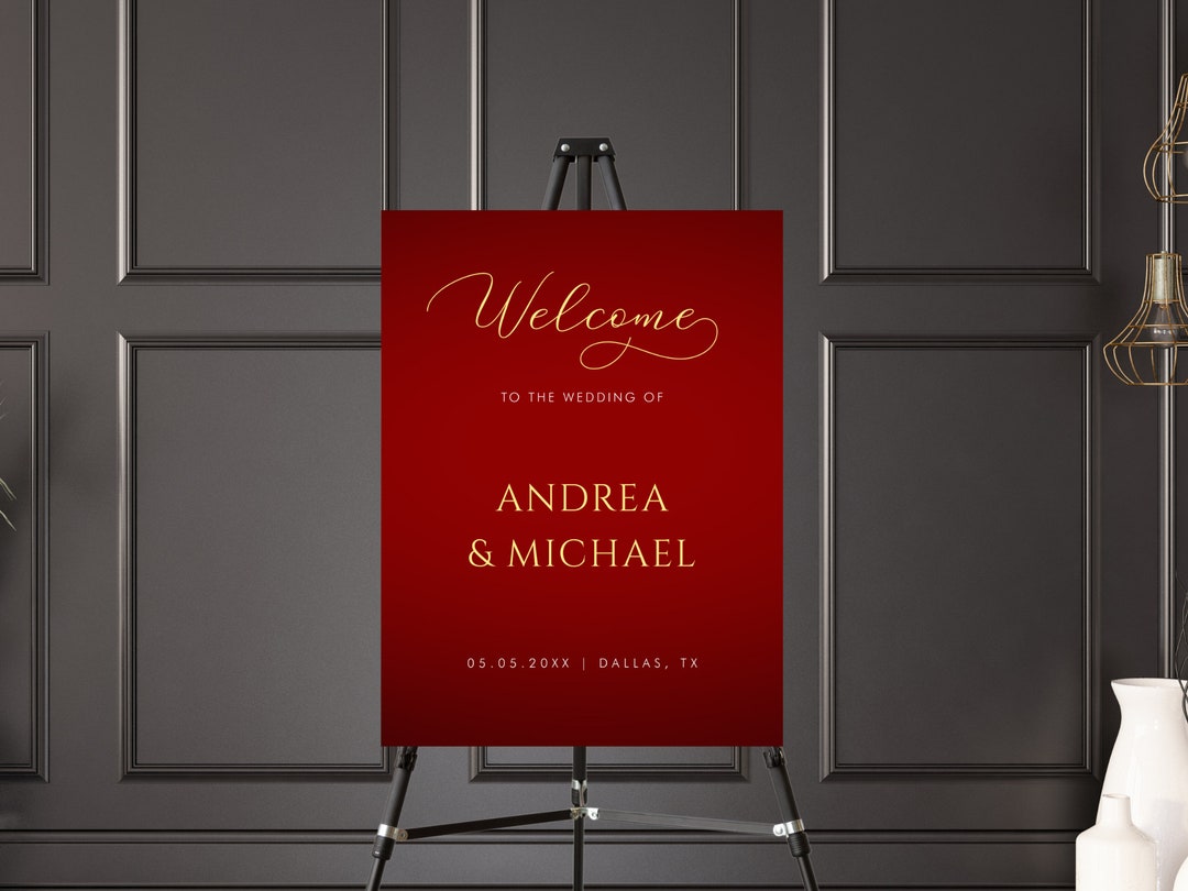 Editable Dark Red Gold Wedding Sign Digital Dark Red Wine Wedding ...