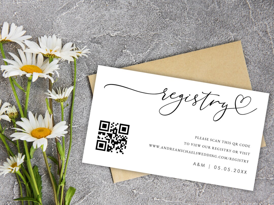 QR Code Wedding Gift Registry Enclosure Card DIY Modern Heart Script ...