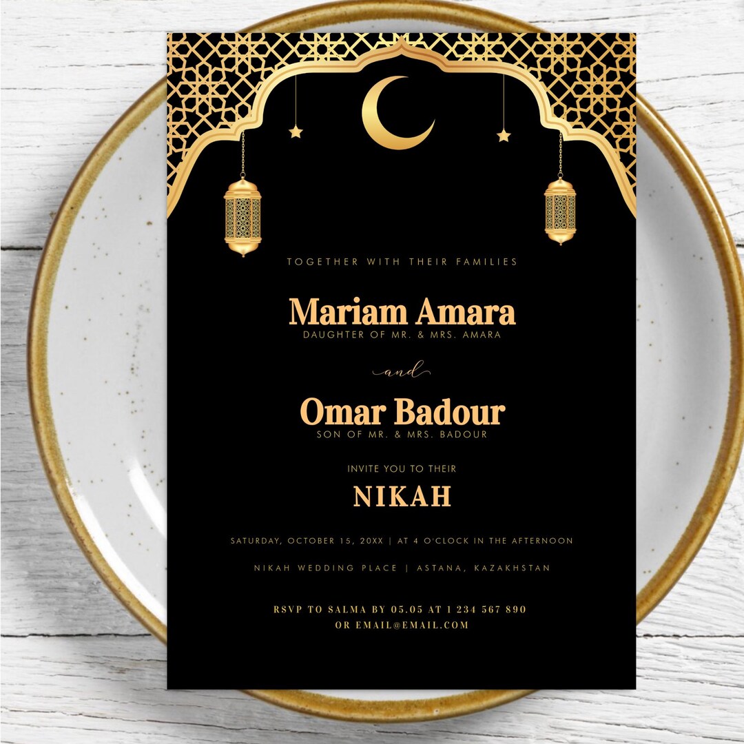 Elegant Black & Gold Nikah Walimah Wedding Invitation | Editable DIY ...