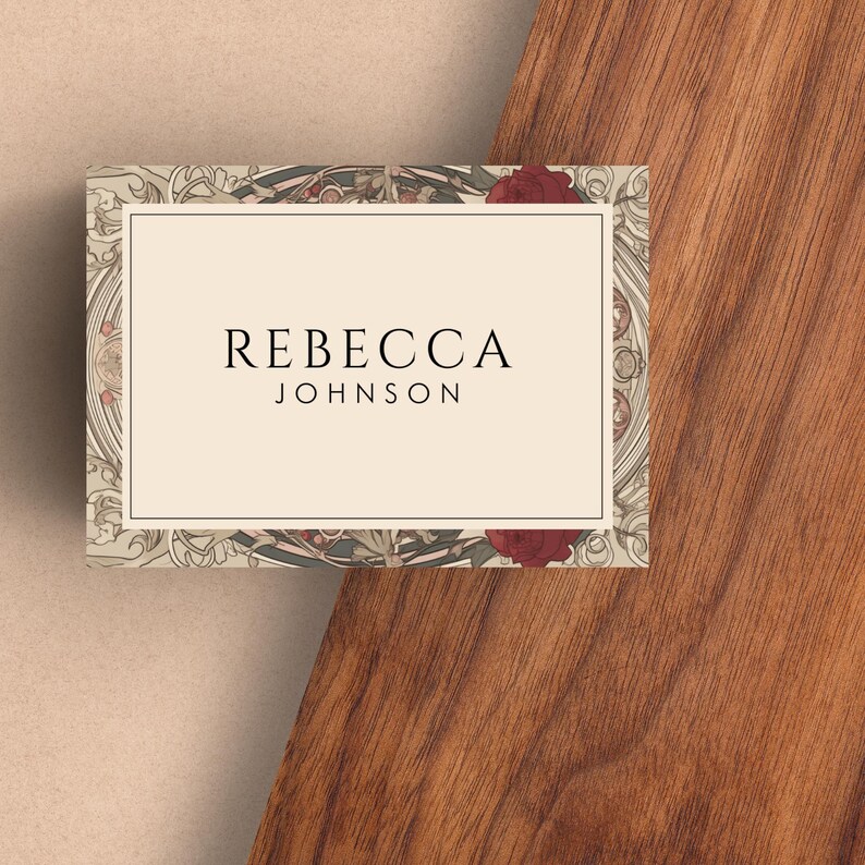 Vintage Art Deco Nouveau Wedding Name Card - Digital Floral Burgundy ...