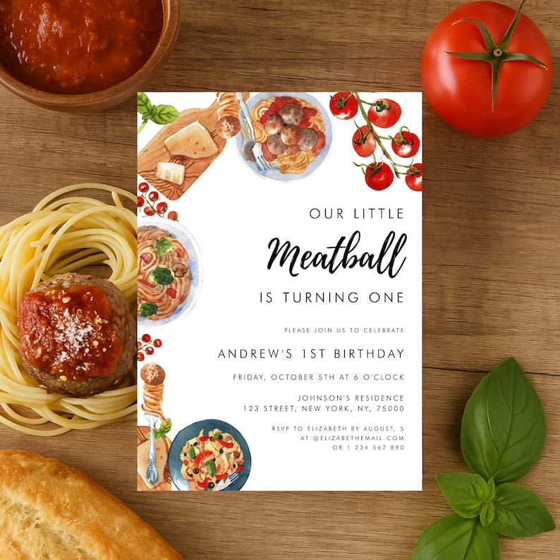 Little Meatball 1st Birthday Invitation – Italian Food Birthday Party ...
