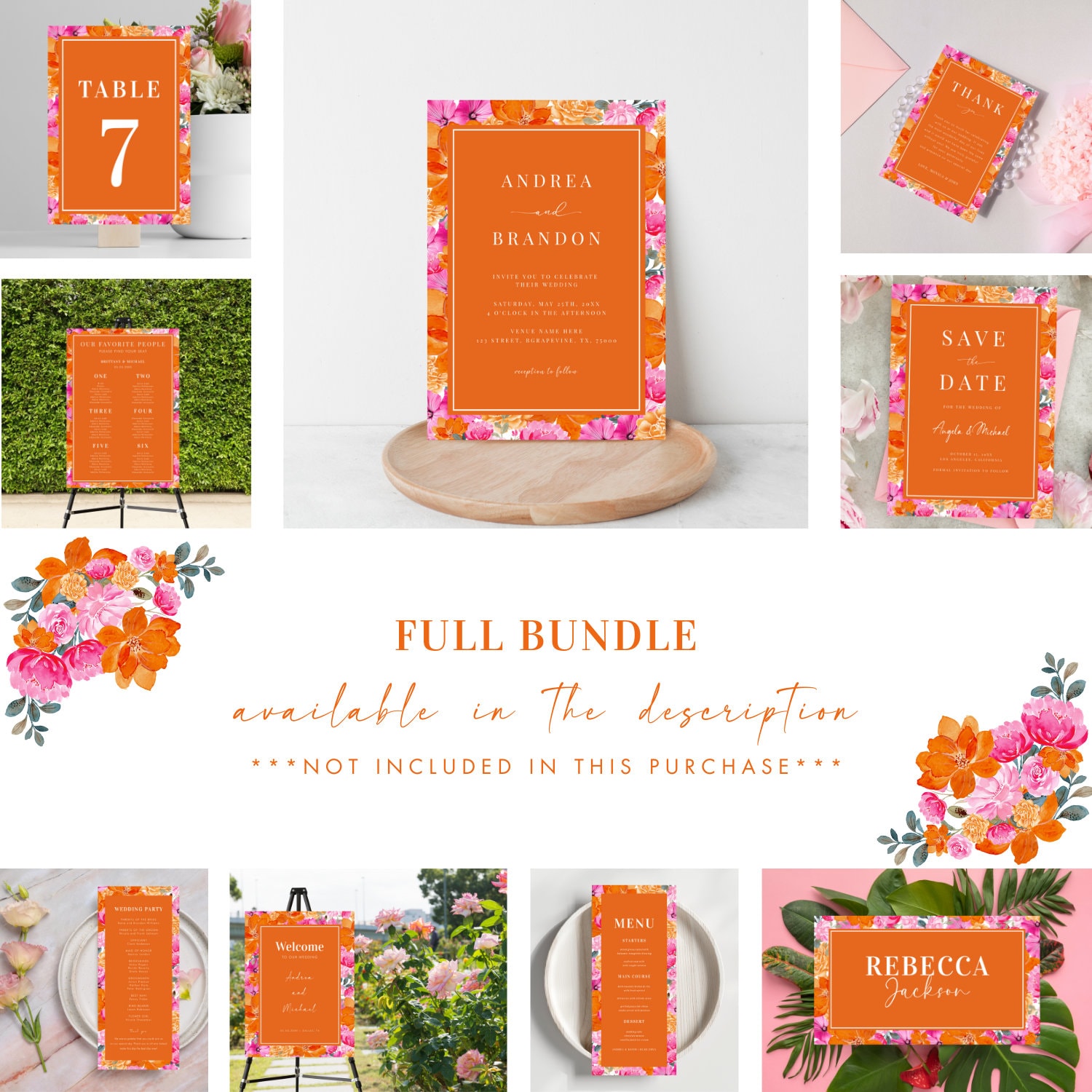Editable Pink Orange Floral Wedding Program - Digital Vibrant Garden ...