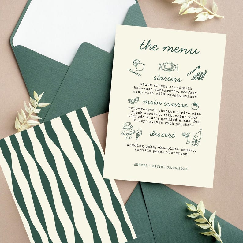 Hand Drawn Wedding Menu Template, Green Stripes, Bistro Style (5x7 ...