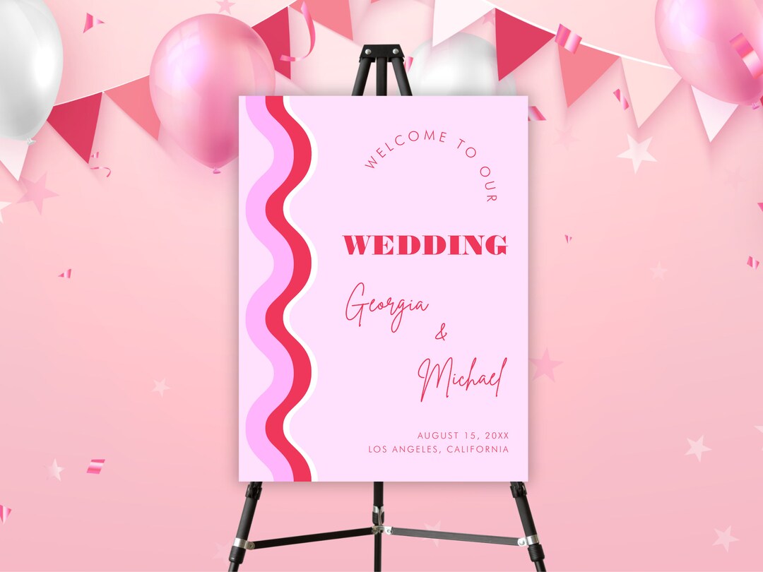 Bold Retro Wave Pink and Red Wedding DIY Welcome Sign Modern - Etsy