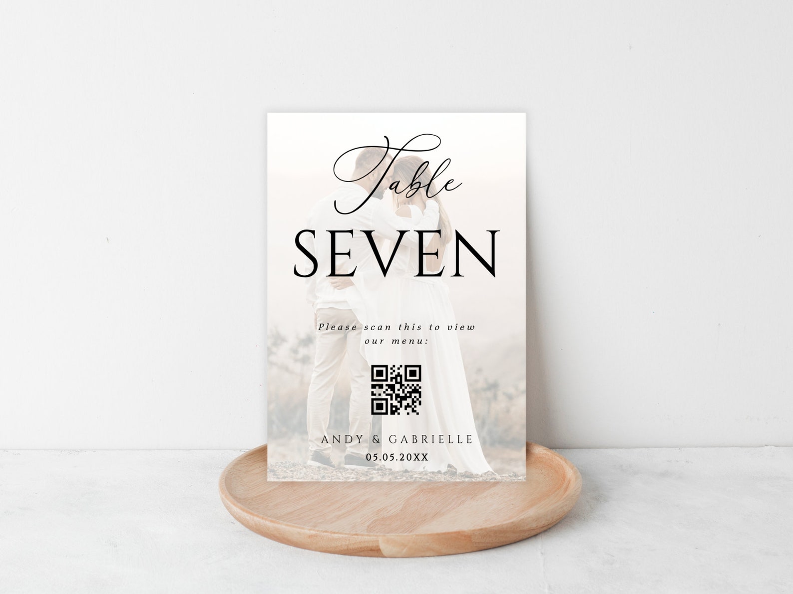 Light Faded Wedding Menu Table Number Template - Photo & QR Code Table Number Menu - Editable ...