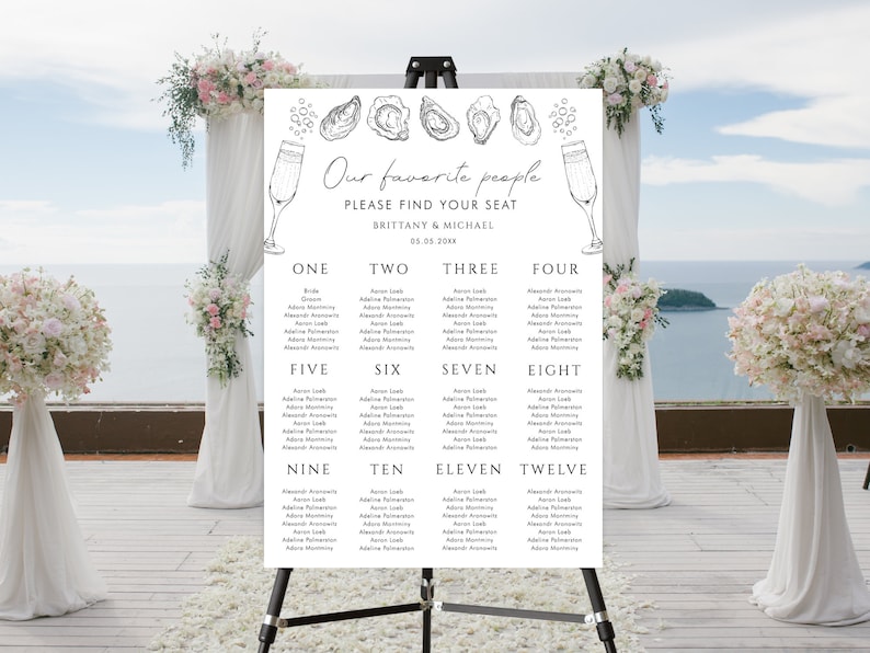 Digital Oysters Champagne 12 Tables Wedding Seating Chart Sign - DIY ...