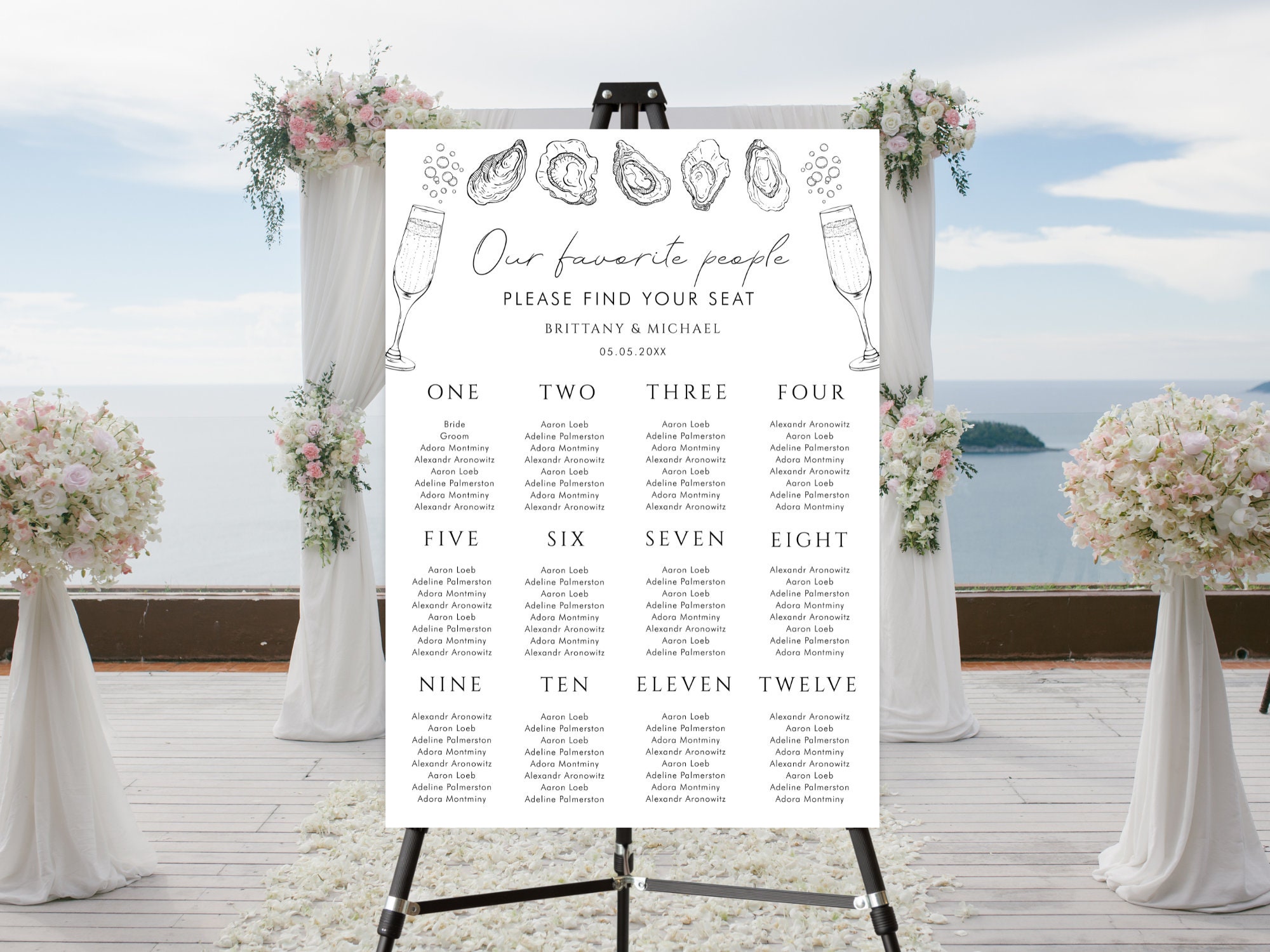 Digital Oysters Champagne 12 Tables Wedding Seating Chart Sign - DIY ...