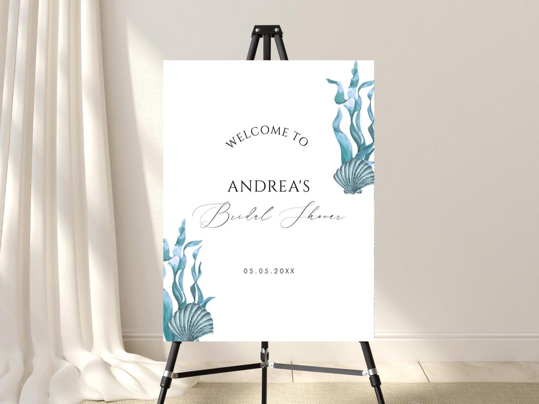 Nautical Coastal Blue Shell Bridal Shower Welcome Sign | Elegant Beach ...