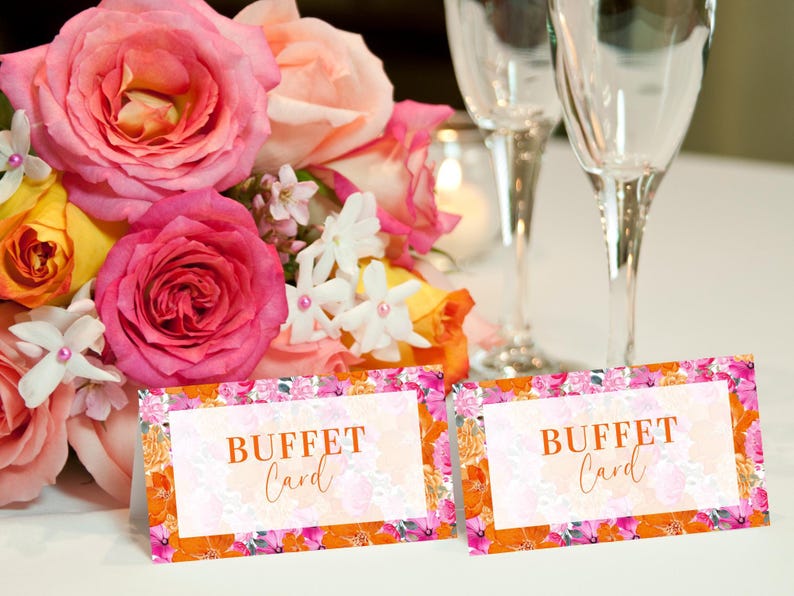 Light Faded Pink Orange Buffet Card - Floral Black Buffet Card Template ...