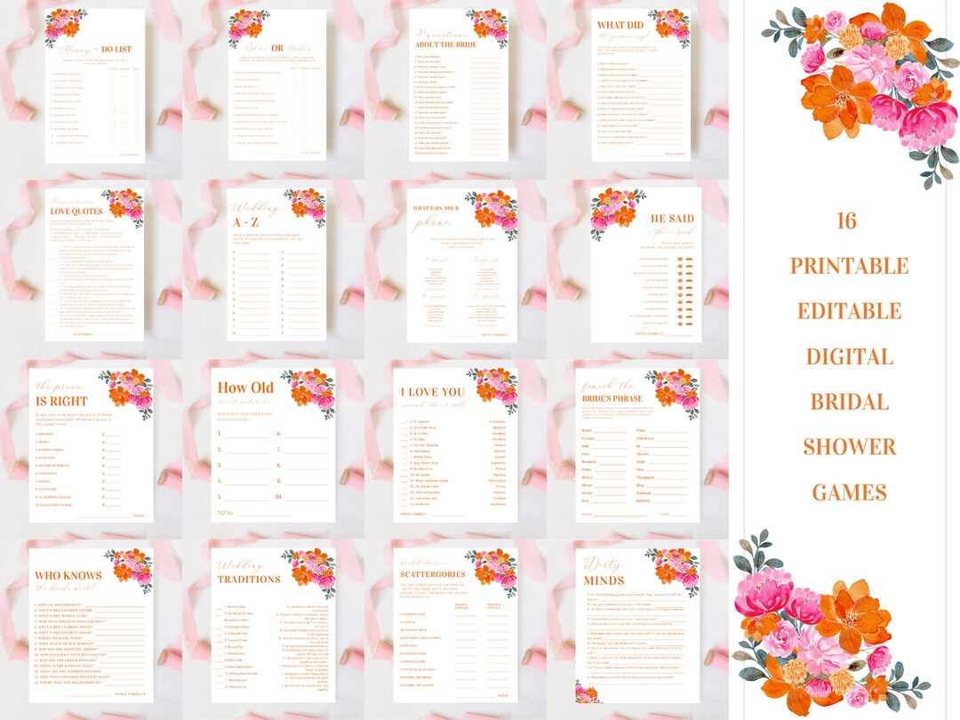 Pink Orange Bridal Shower Games Bundle - Digital Floral 16 Bridal ...