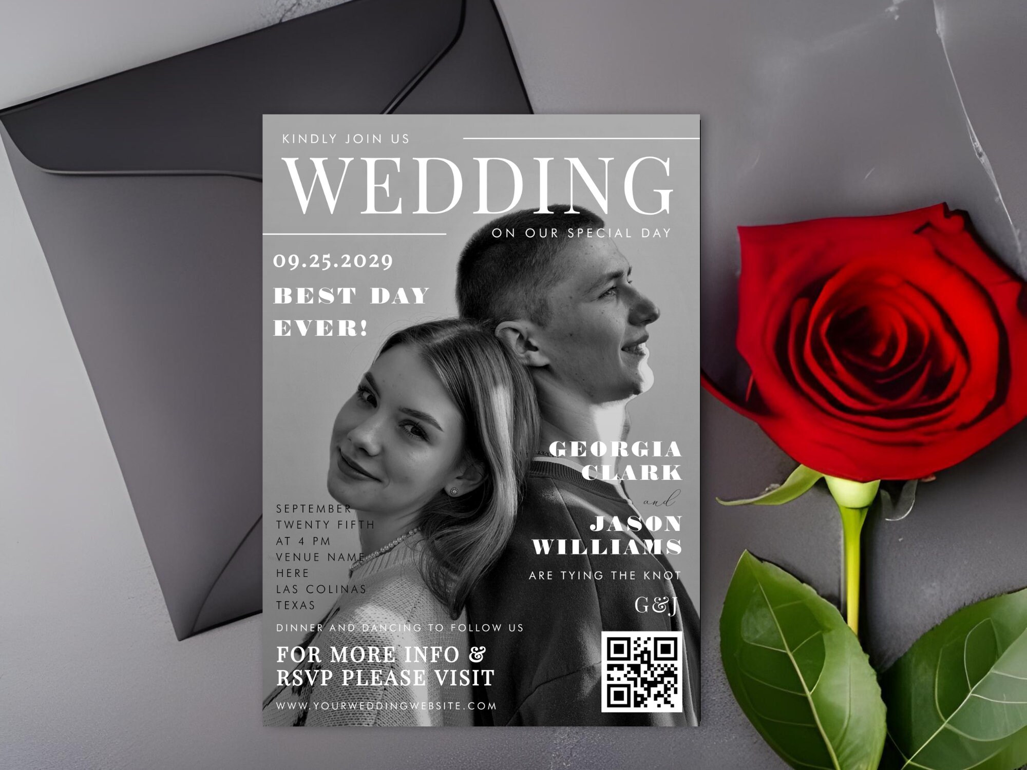 Digital Black & White Magazine Cover Wedding Invitation - DIY Unique ...