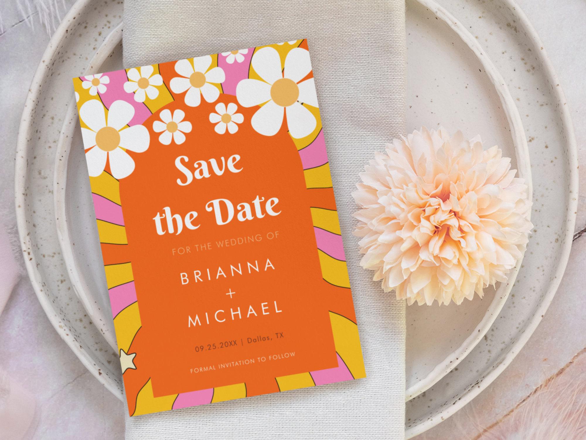 Editable Groovy Orange Save the Date Invite - DIY Daisy Floral Wedding ...