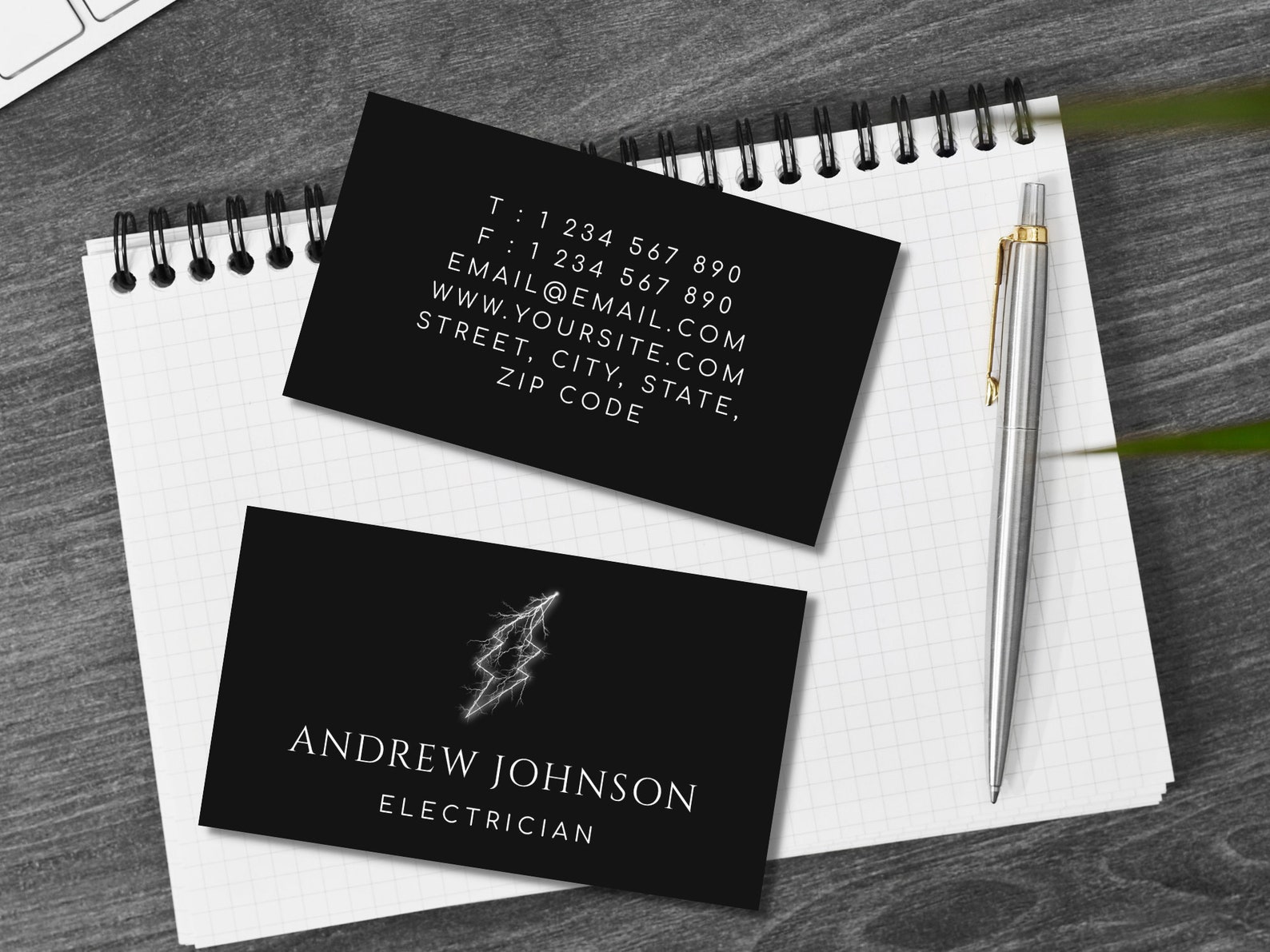 Trendy Lightning Electric Light Electrician Business Card, Modern Black ...