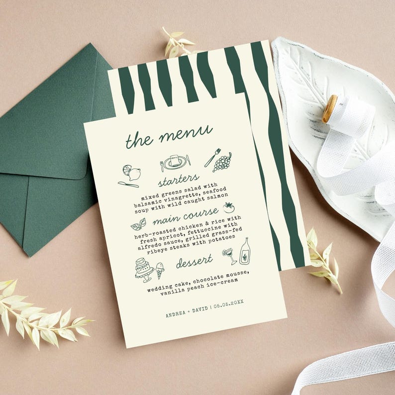 Hand Drawn Wedding Menu Template, Green Stripes, Bistro Style (5x7 ...