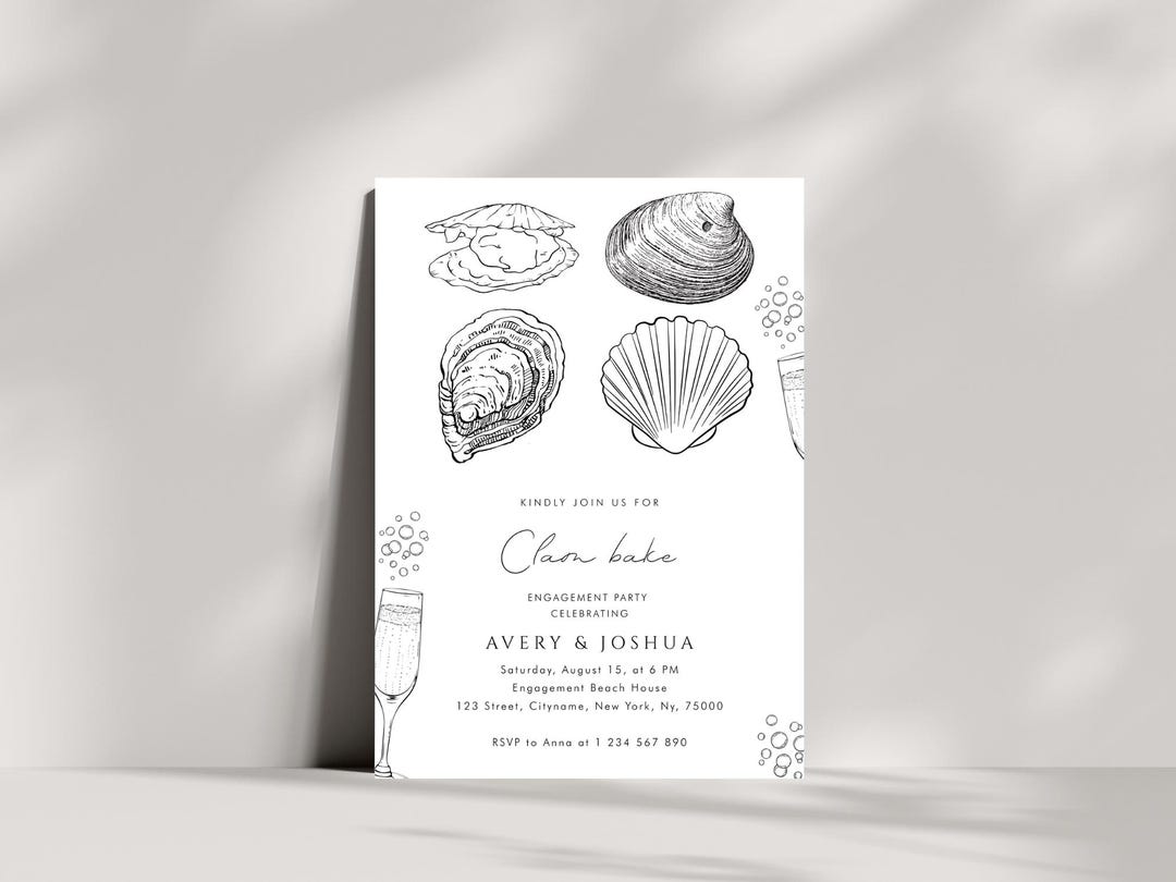 Drawn Champagne Clam Bake Engagement Party Invitation - Digital ...